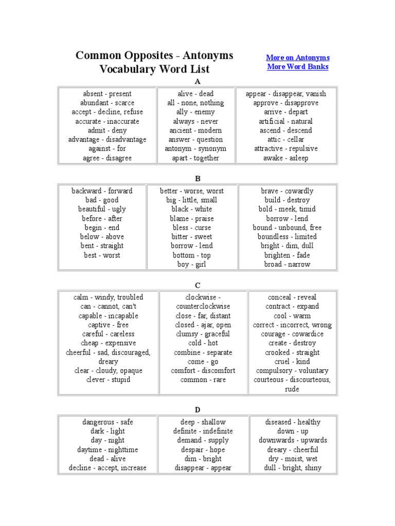 Common Opposites - Antonyms Vocabulary Word List | PDF