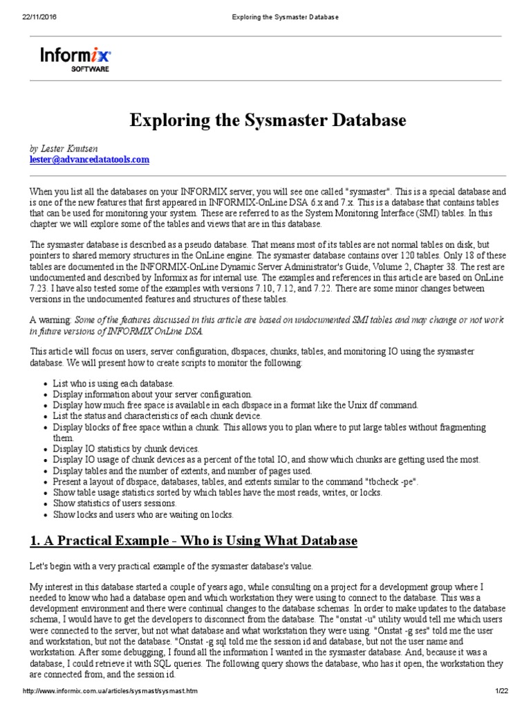Exploring The Sysmaster Database Informix Pdf Database Index Databases