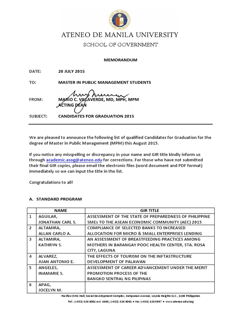 Grad Memo - Candidates For Graduation | PDF | Metro Manila | Health Care