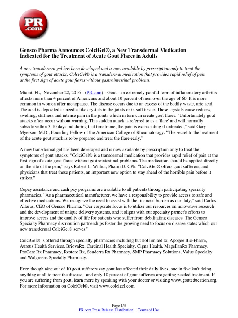 Gensco Pharma Announces ColciGel®, A New Transdermal Medication ...