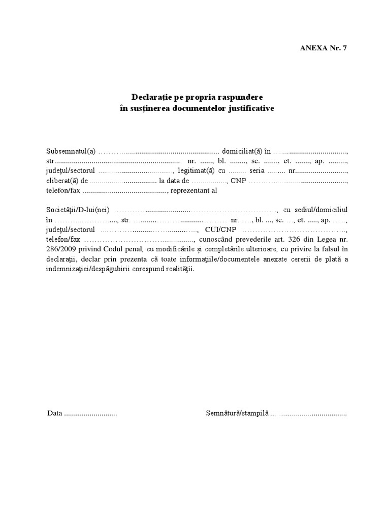 Anexa 7 Declaratie Pe Propria Raspundere in Sustinerea Documentelor Justificative | PDF