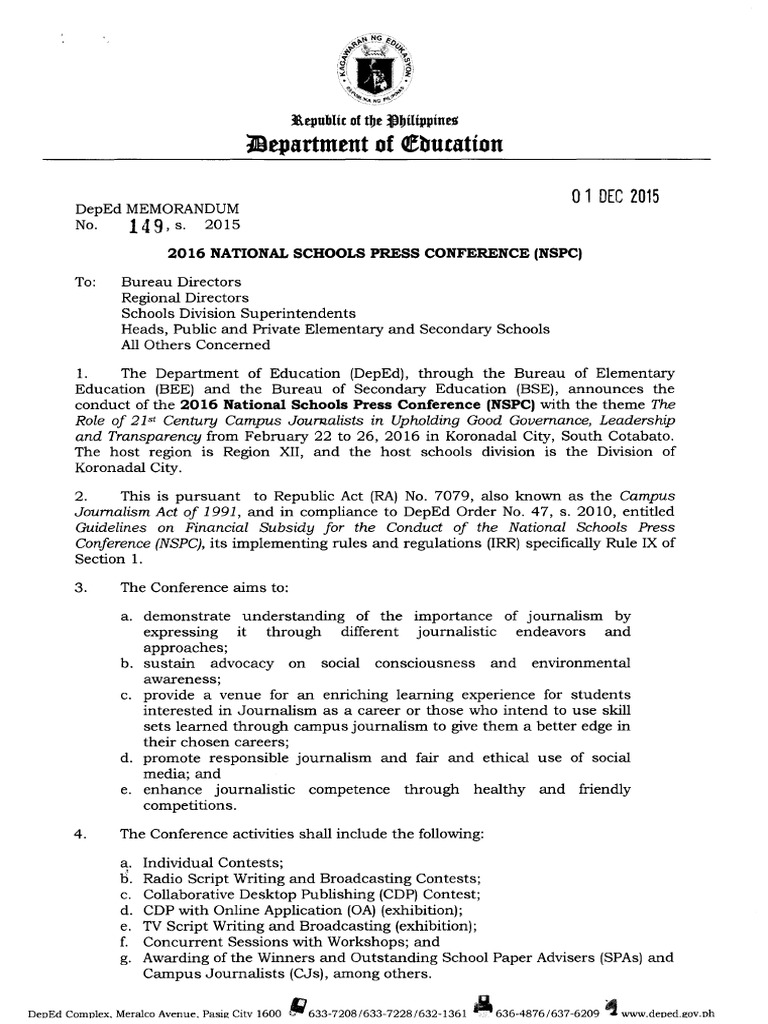 DM s2015 149 2016 National Schools Press Conference NSPC | PDF