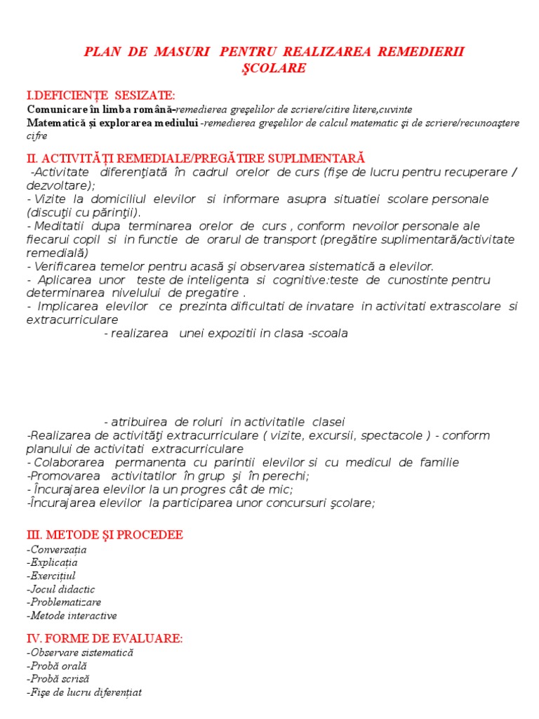 Plan de Masuri Pentru Remediere Scolara | PDF