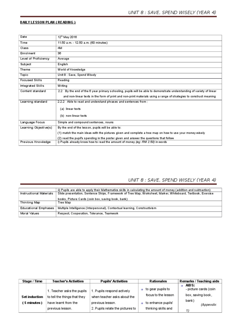 2-Lesson Plan READING - Y4-Save, Spend Wisely | PDF | Reading (Process ...