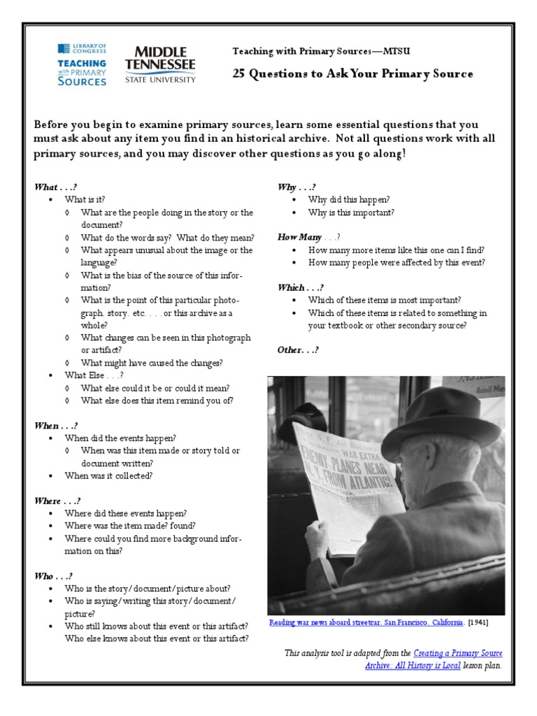 Essential Questions for Primary Source Analysis | PDF | Social Science ...