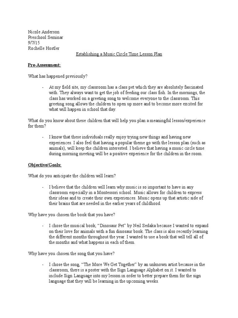 Lesson Plan-Music Circle Time | PDF | Classroom | Musical Theatre
