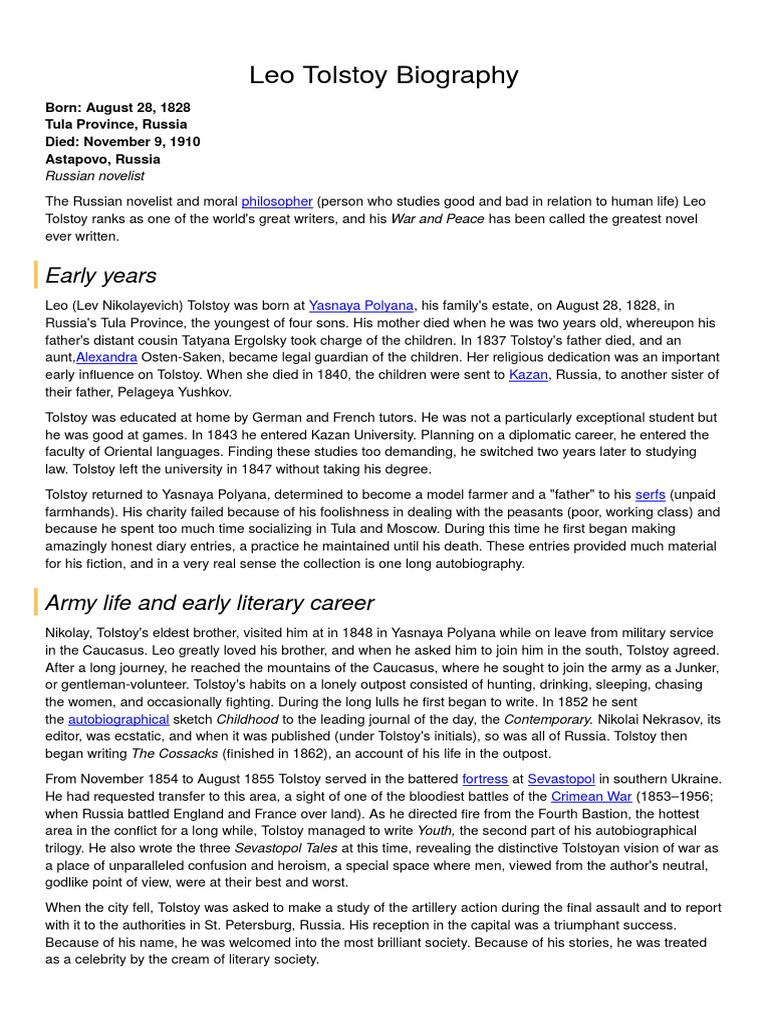 Leo Tolstoy Biography | PDF | Leo Tolstoy | War And Peace