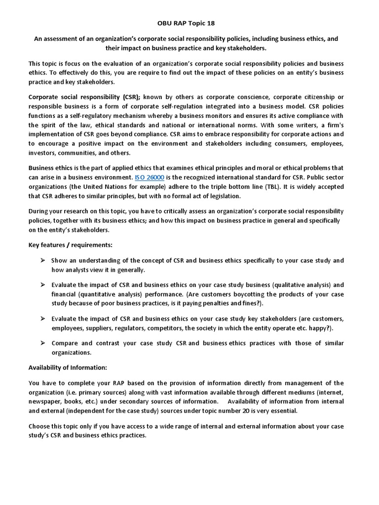 Obu Rap Topic 20 | PDF | Corporate Social Responsibility | Business Ethics