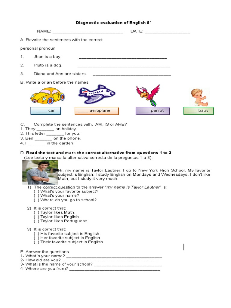 English Diagnostic Evaluation for 6th Grade | PDF | Wellness