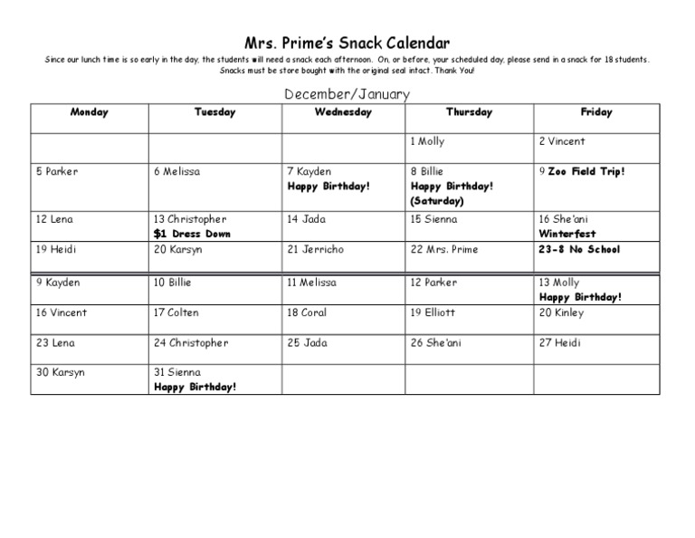 Snack Calendar Dec-Jan 2016 Big | PDF | Leisure