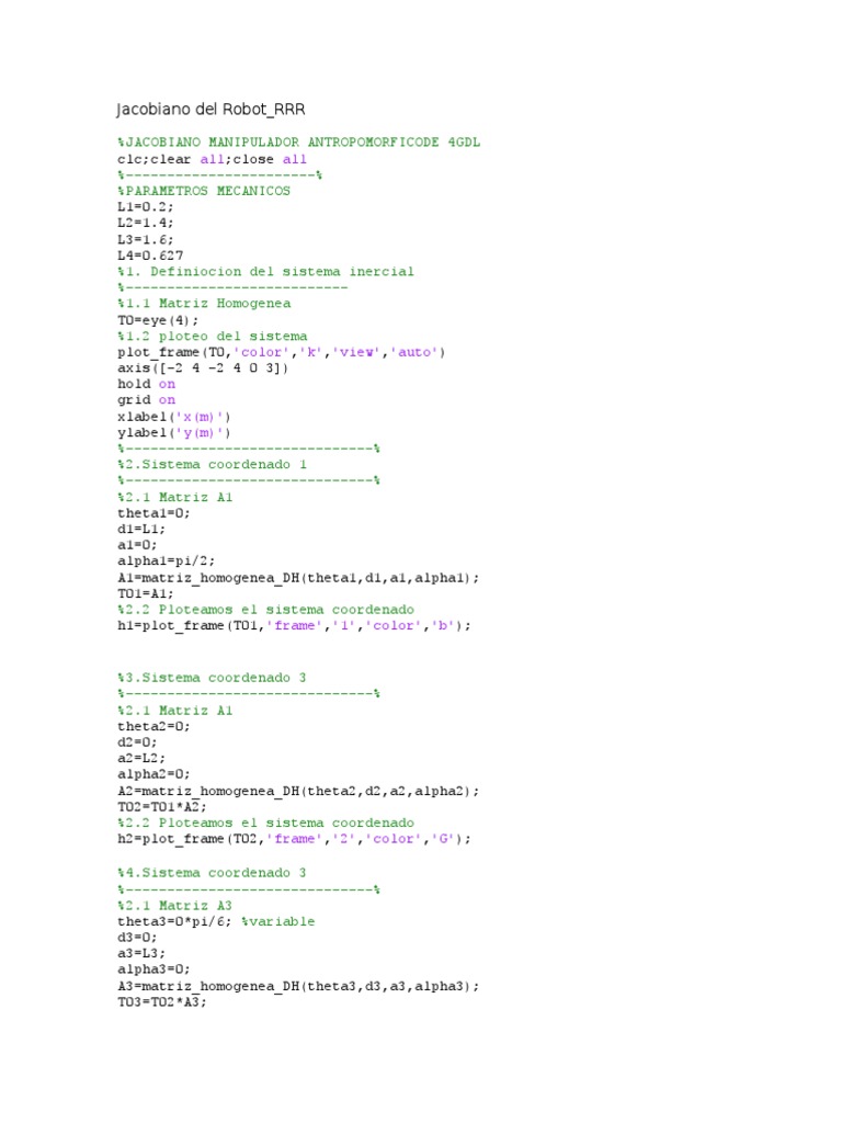 Jacobiano Del Robot RRRR | PDF | Sustracción | Teoría de la matriz