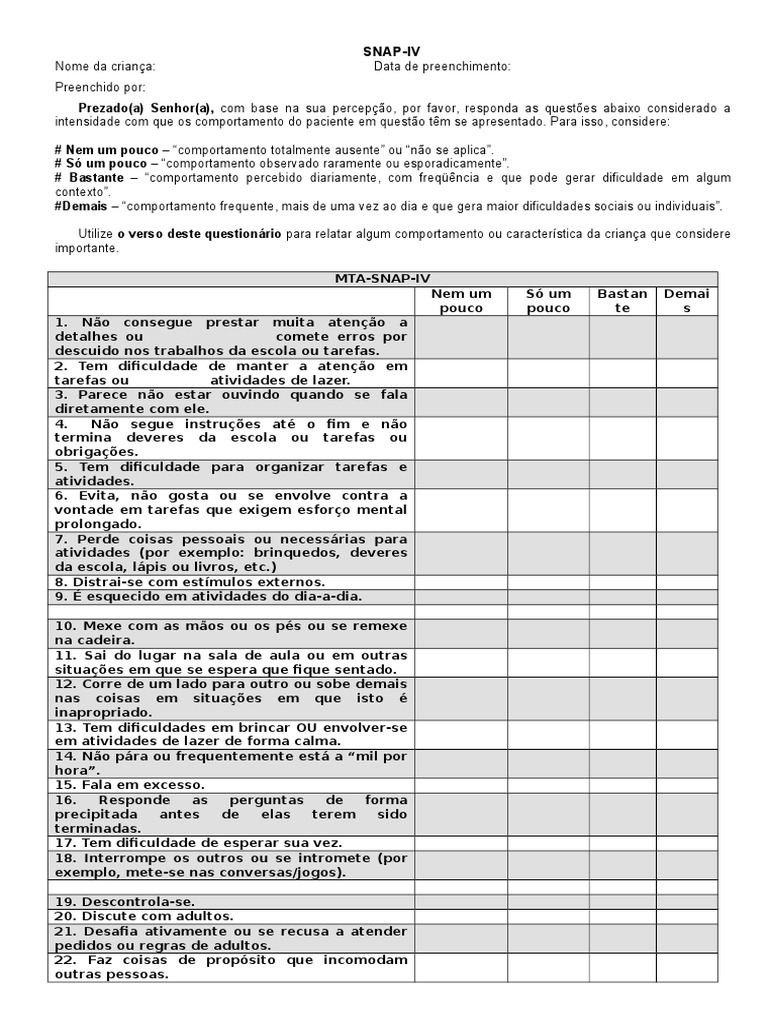 Questionário SNAP-IV para Avaliação Infantil | PDF | Autoajuda