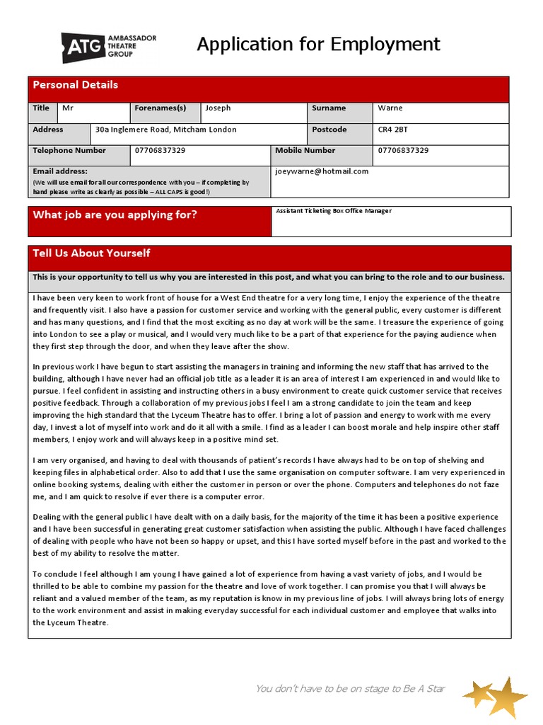 Joseph Warne ATG Form | PDF | Theatre | Employment