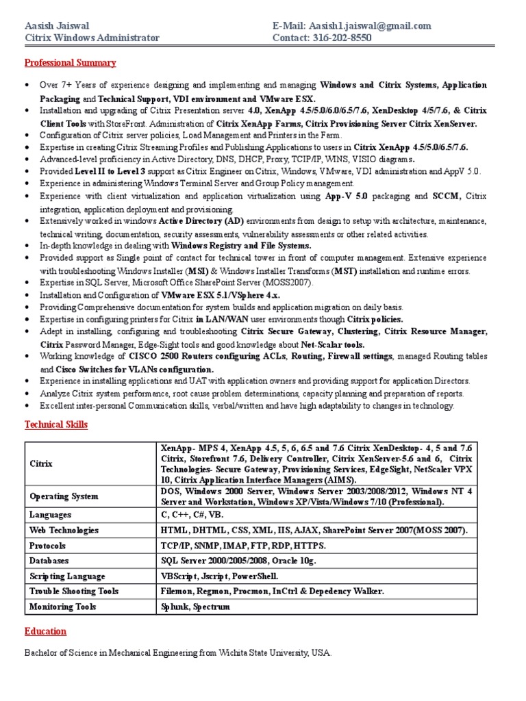 Aasish - Citrix Resume | PDF | Desktop Virtualization | Windows Server 2003