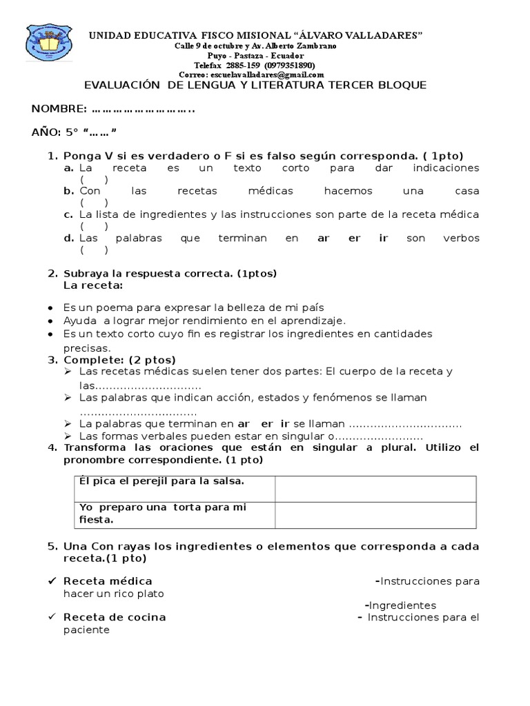 Evaluación de Lengua y Literatura Primer Quimestre | PDF