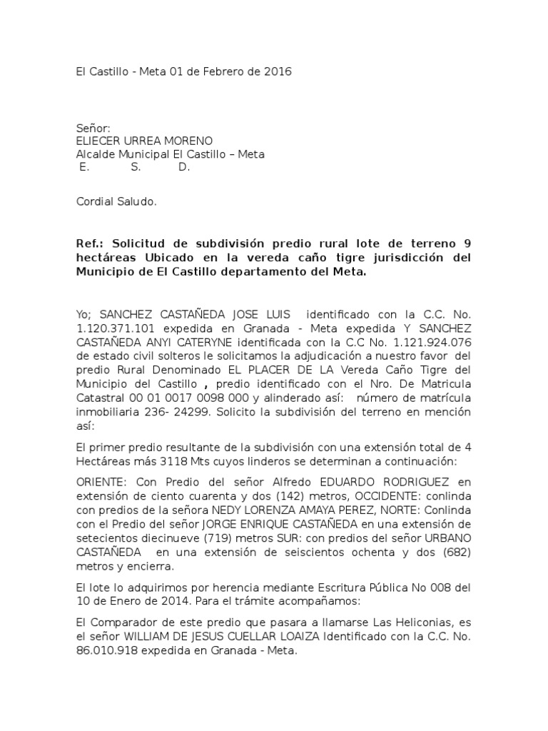 Solicitud de Subdivisión Predio Rural Finca Jose Luis | PDF | Finanzas (general)