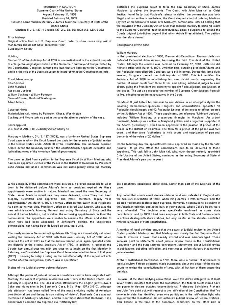 Marbury v. Madison | PDF | Marbury V. Madison | Article Three Of The ...