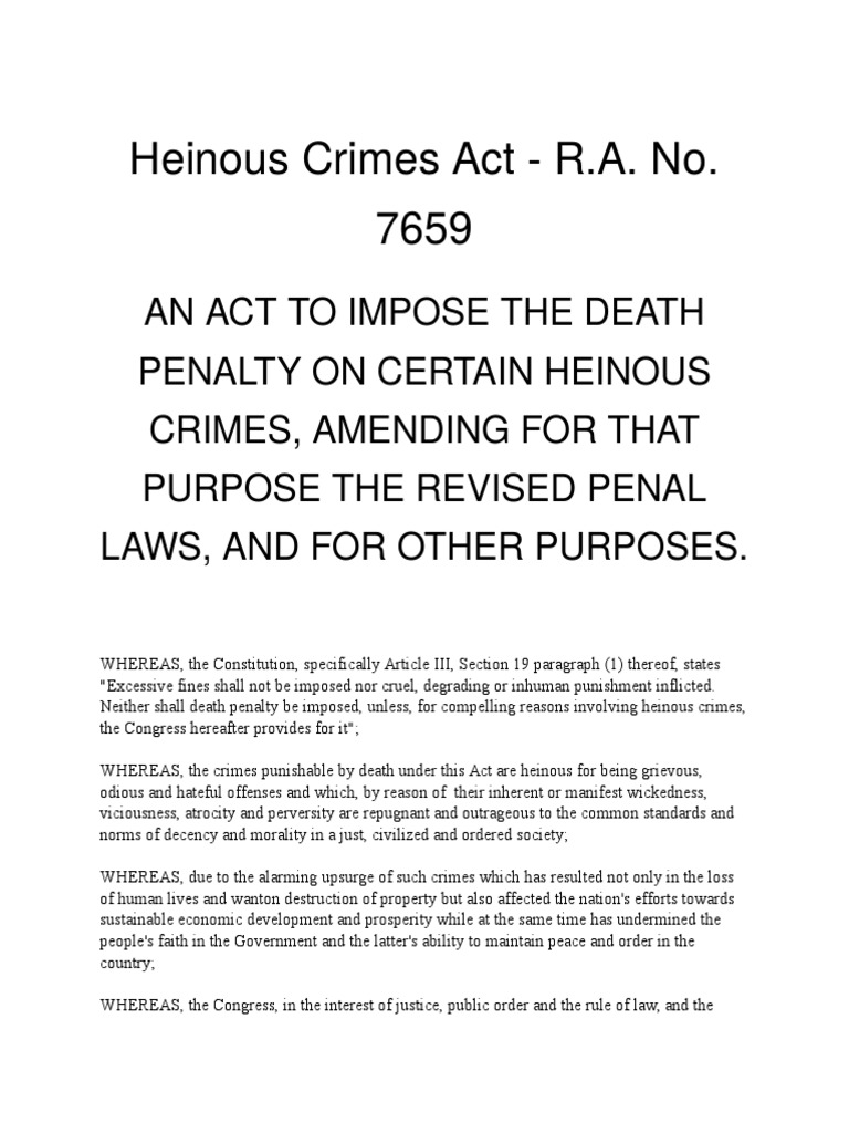 Heinous Crimes Act - R.A. No. 7659 | PDF | Treason | Capital Punishment