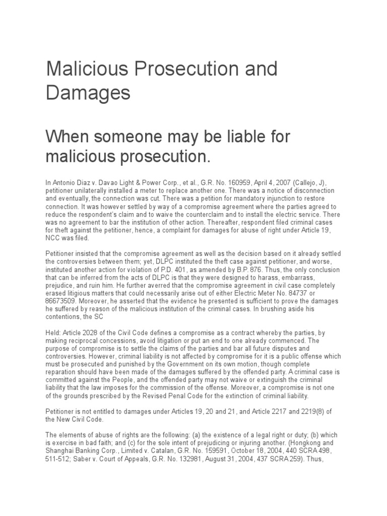Malicious Prosecution and Damages | Damages | Malicious Prosecution