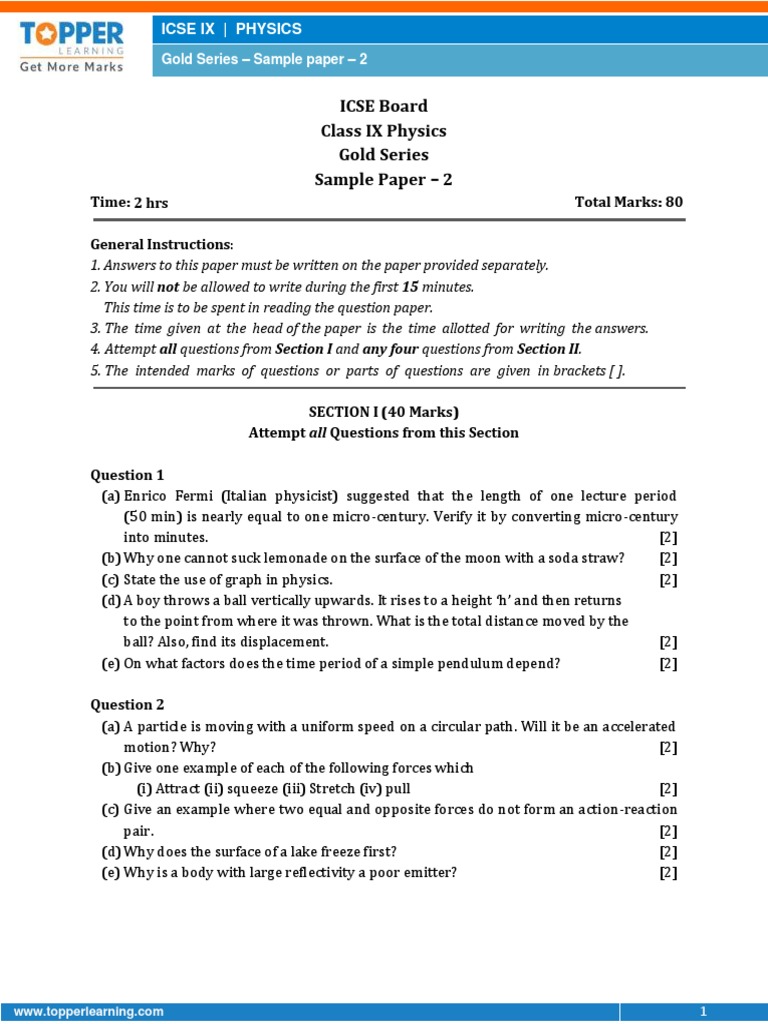 ICSE Class 9 Physics Sample Paper 2 | PDF | Thermal Expansion | Celsius