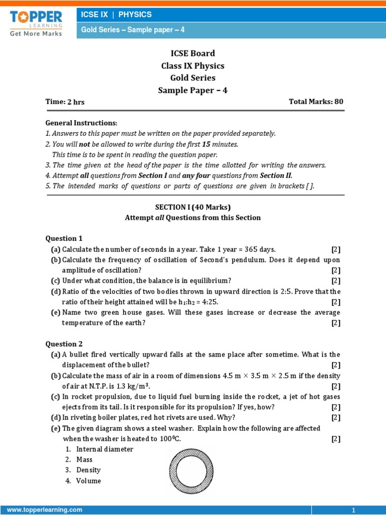 ICSE Board Class IX Physics Gold Series Sample Paper - 4: Time: 2 Hrs ...