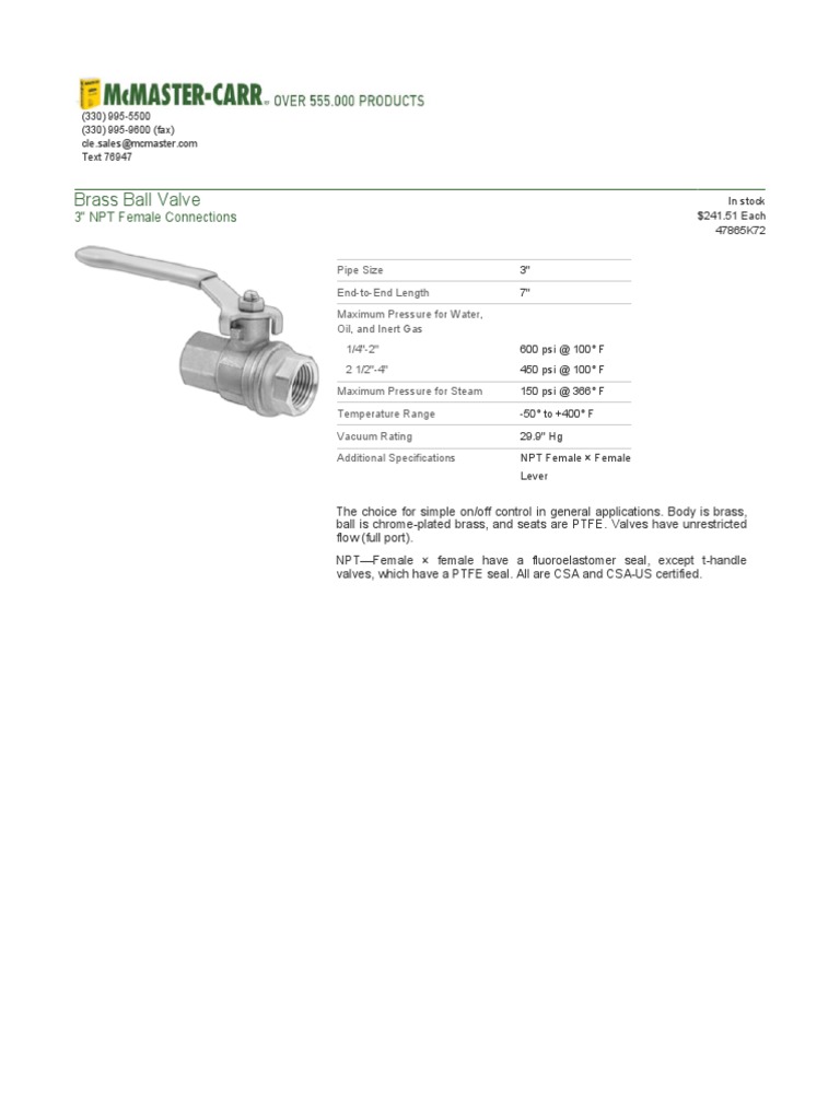 3" Brass Ball Valve - NPT Female Connections | PDF