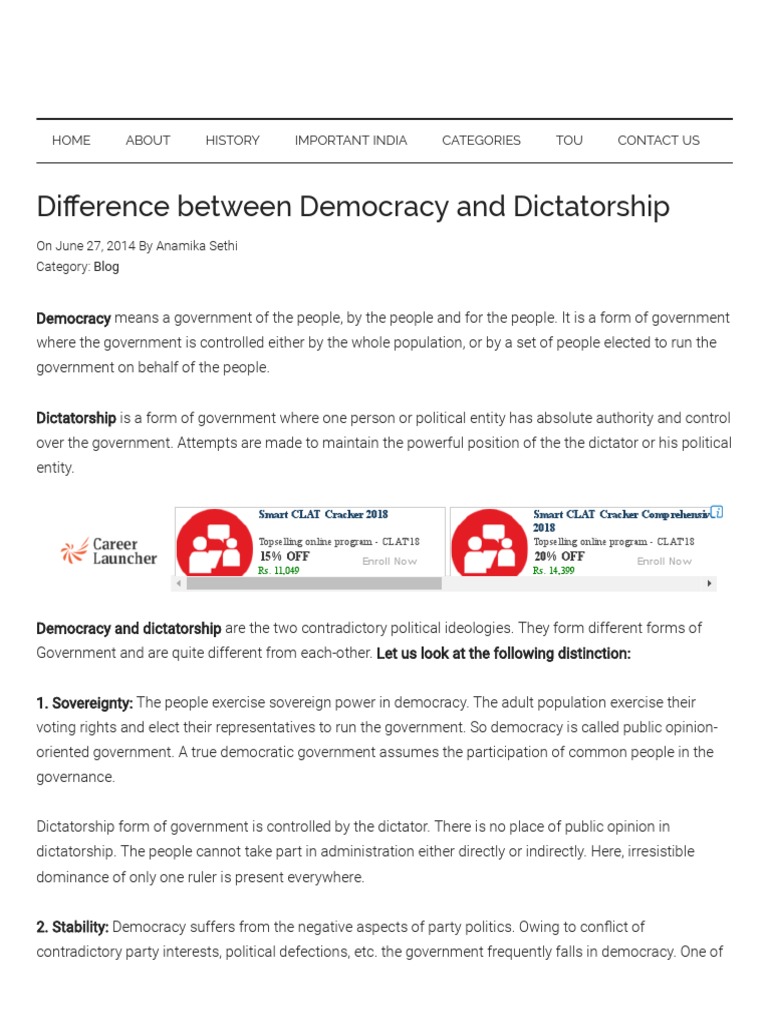 Difference Between Democracy and Dictatorship - Important India | PDF ...