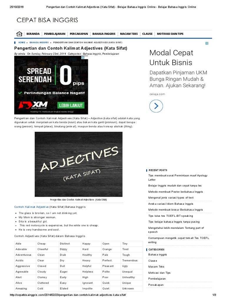 Pengertian Dan Contoh Kalimat Adjectives (Kata Sifat) - Belajar Bahasa ...