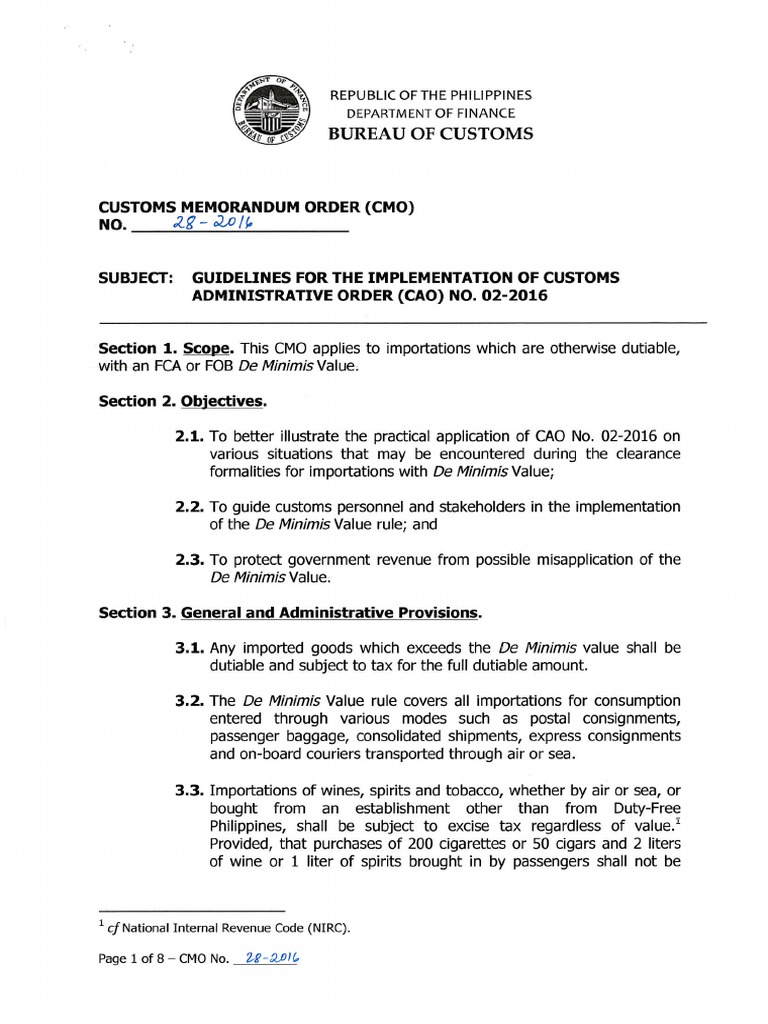 BOC CMO 28-2016 Guidelines For The Implementation of Customs ...