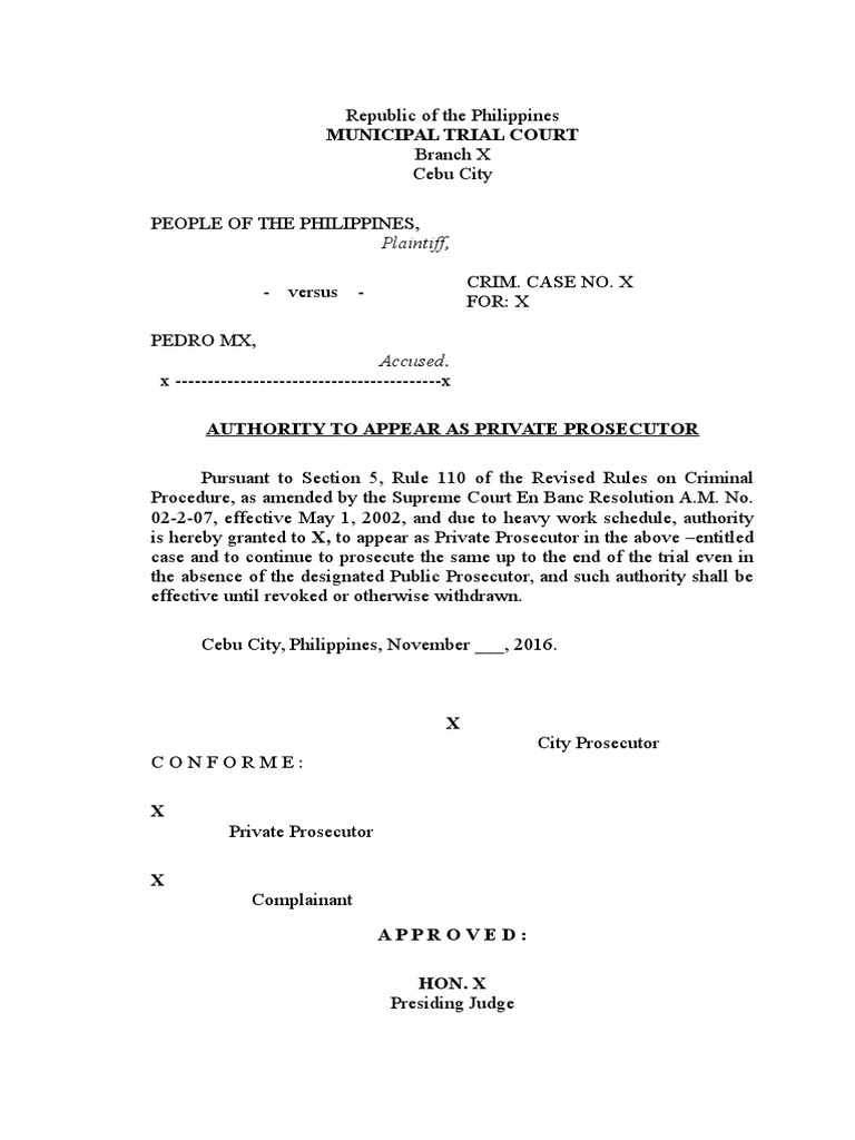 Sample Authority to Prosecute