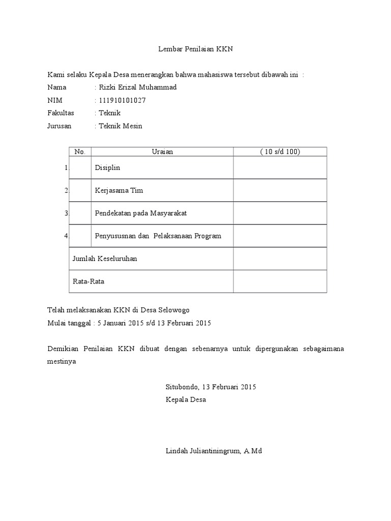 Lembar Penilaian KKN | PDF