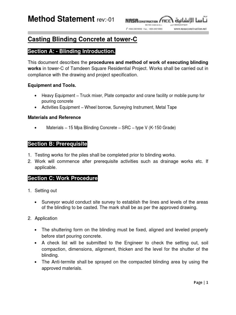 Method Statement for Casting Blinding Concrete | Surveying | Concrete