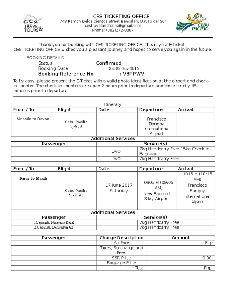 Ticket Template CebuPac (Round Trip).doc | Aviation | Transport