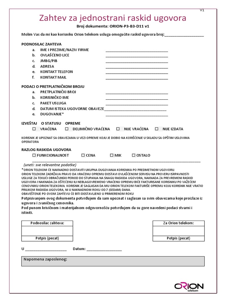 ORION-P3-B3-D11 Zahtev Za Raskid Ugovora | PDF