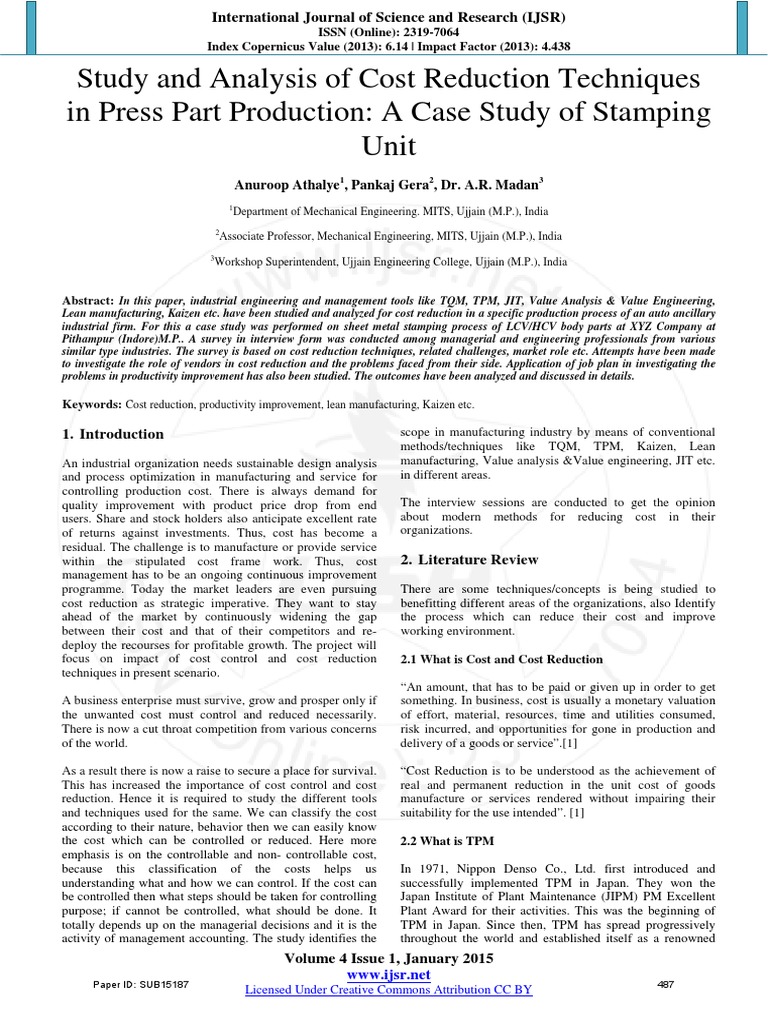 Cost Reduction Techniques in Press Part Production | PDF | Lean ...