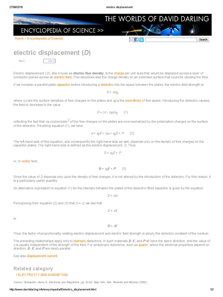 Electric Displacement (D) : Related Category | PDF | Electric Field ...