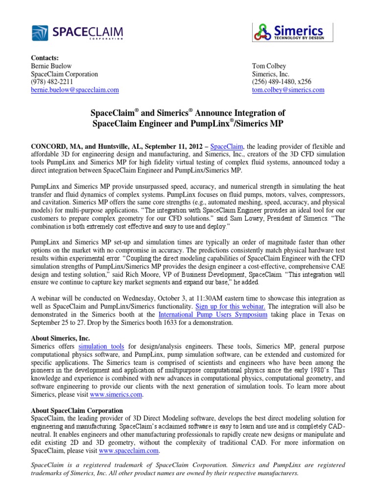 Simerics Spaceclaim Announcement | PDF | Simulation | Computational Fluid Dynamics