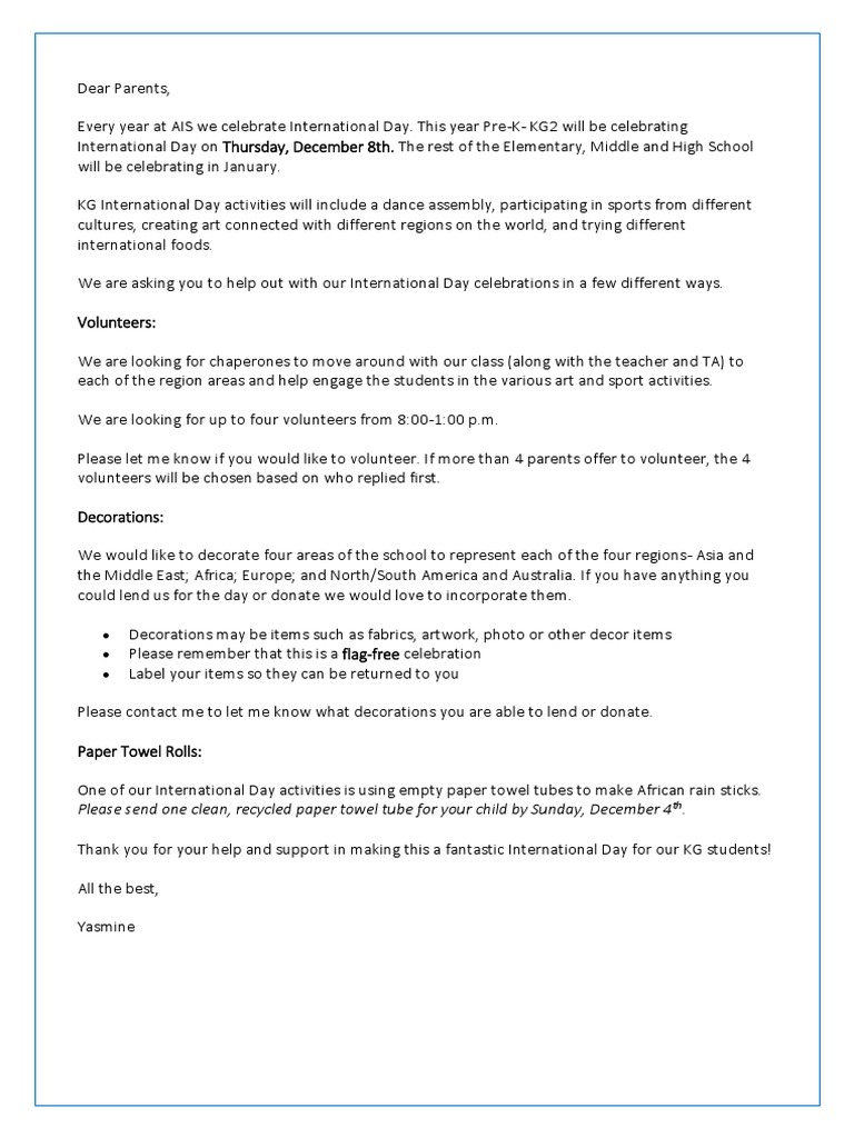 KG International Day Parent Letter 2016-2017 | PDF | Art