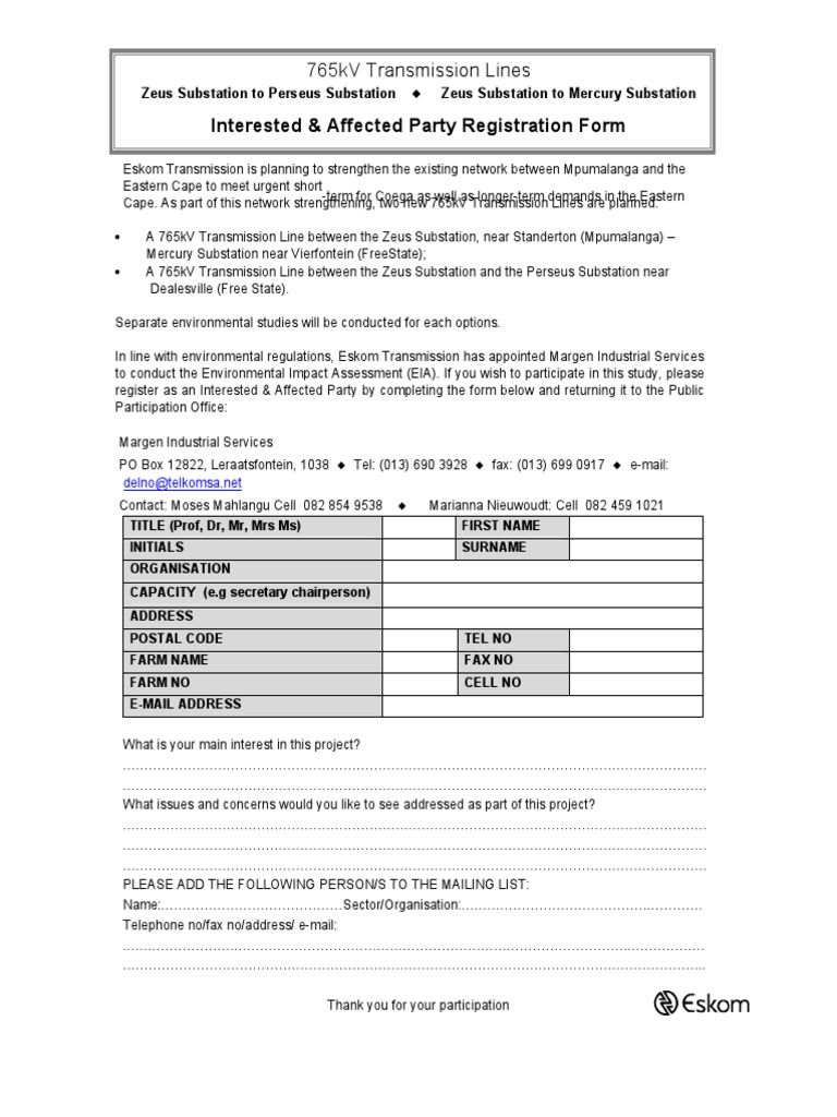 Interested & Affected Party Registration Form: 765kV Transmission Lines ...