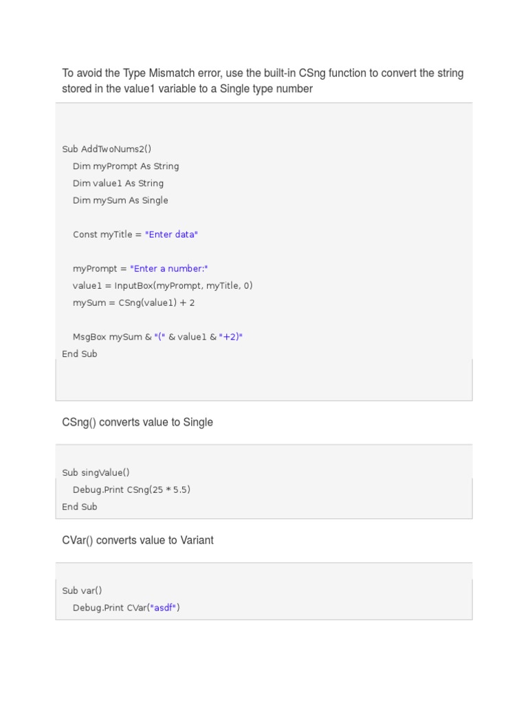 Fix Type Mismatch with CSng Function | PDF