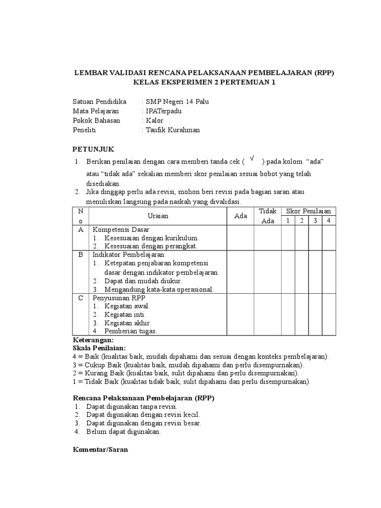 Lembar Validasi RPP | PDF