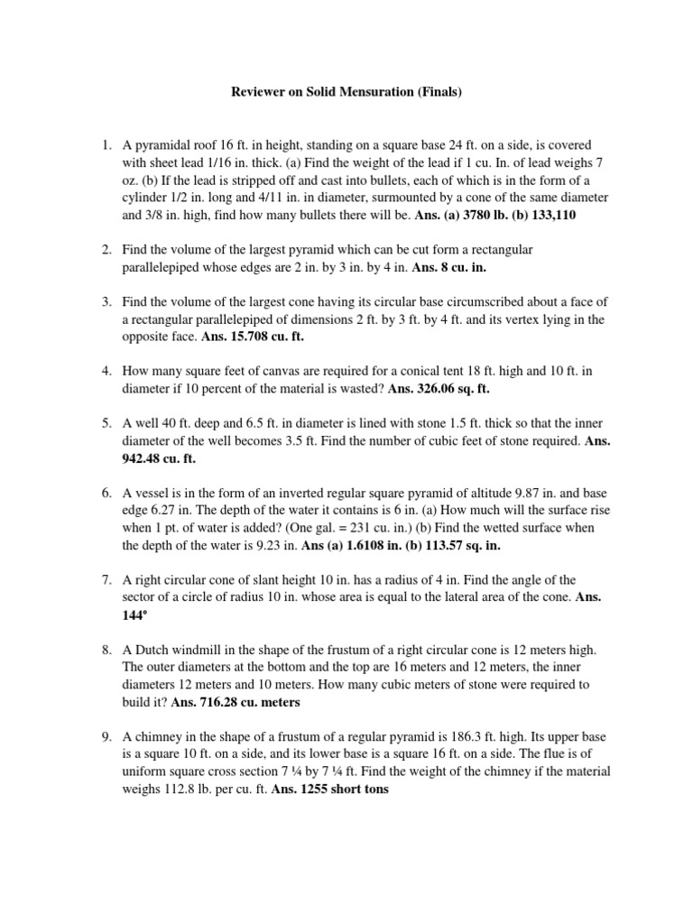 Reviewer On Solid Mensuration | PDF | Sphere | Volume