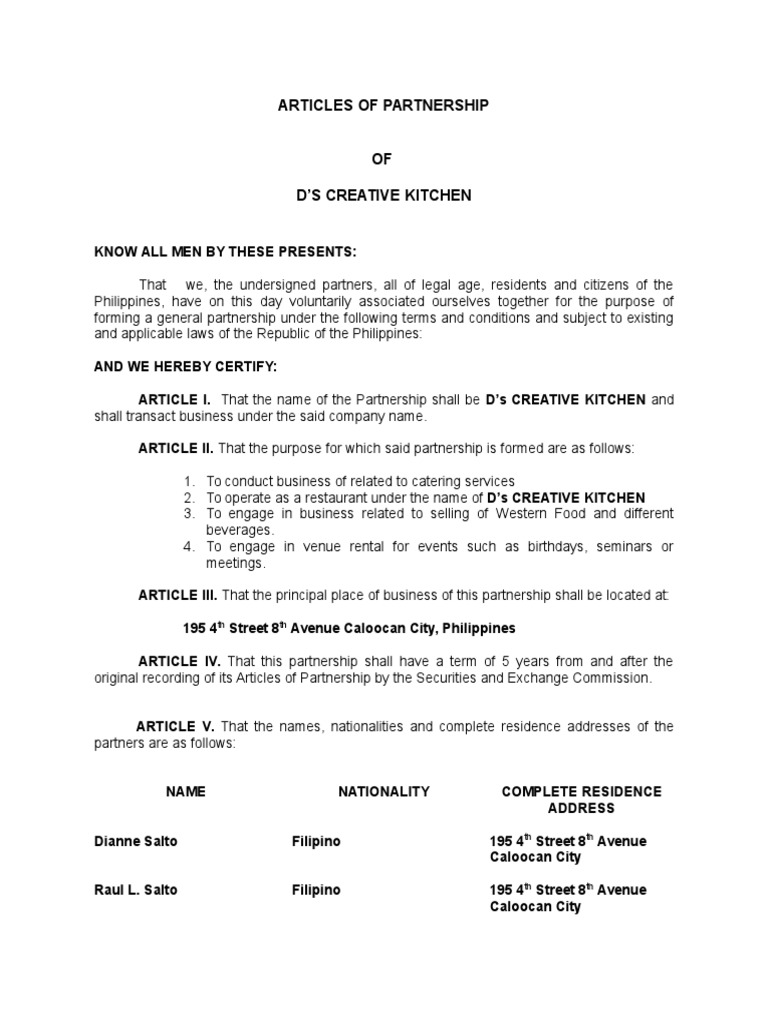 Articles of Partnership | Partnership | Philippines