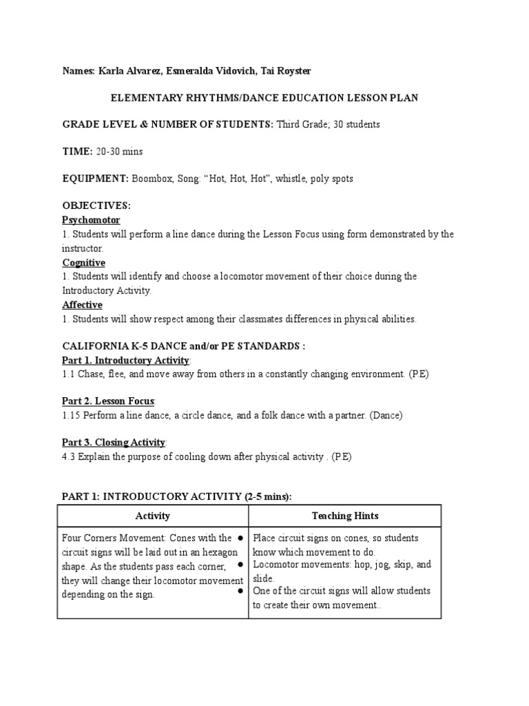 California Dance Standards Lesson Plan | PDF | Physical Education ...