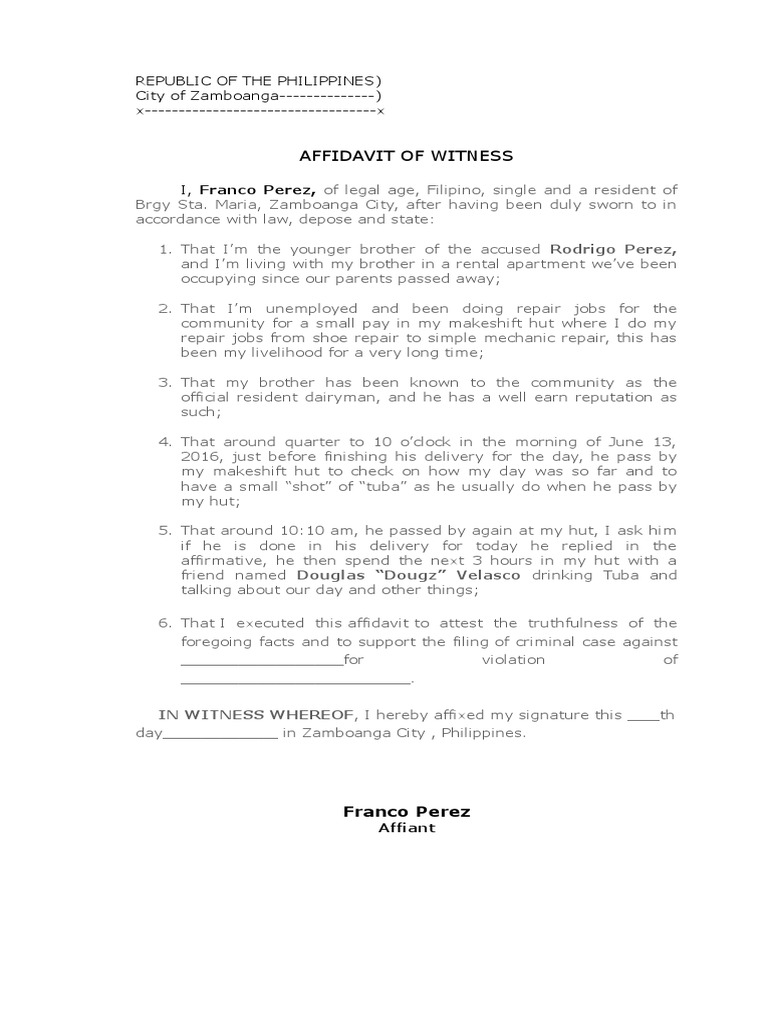 Affidavit of Witness: Republic of The Philippines) City of Zamboanga ...