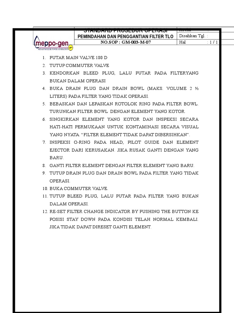 Sop Pemindahan Dan Penggantian Filter Tlo | PDF