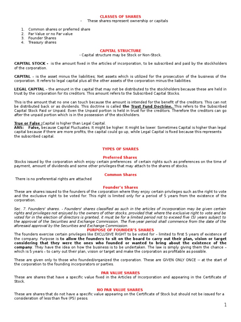 Classes of Shares | PDF | Corporations | Stocks