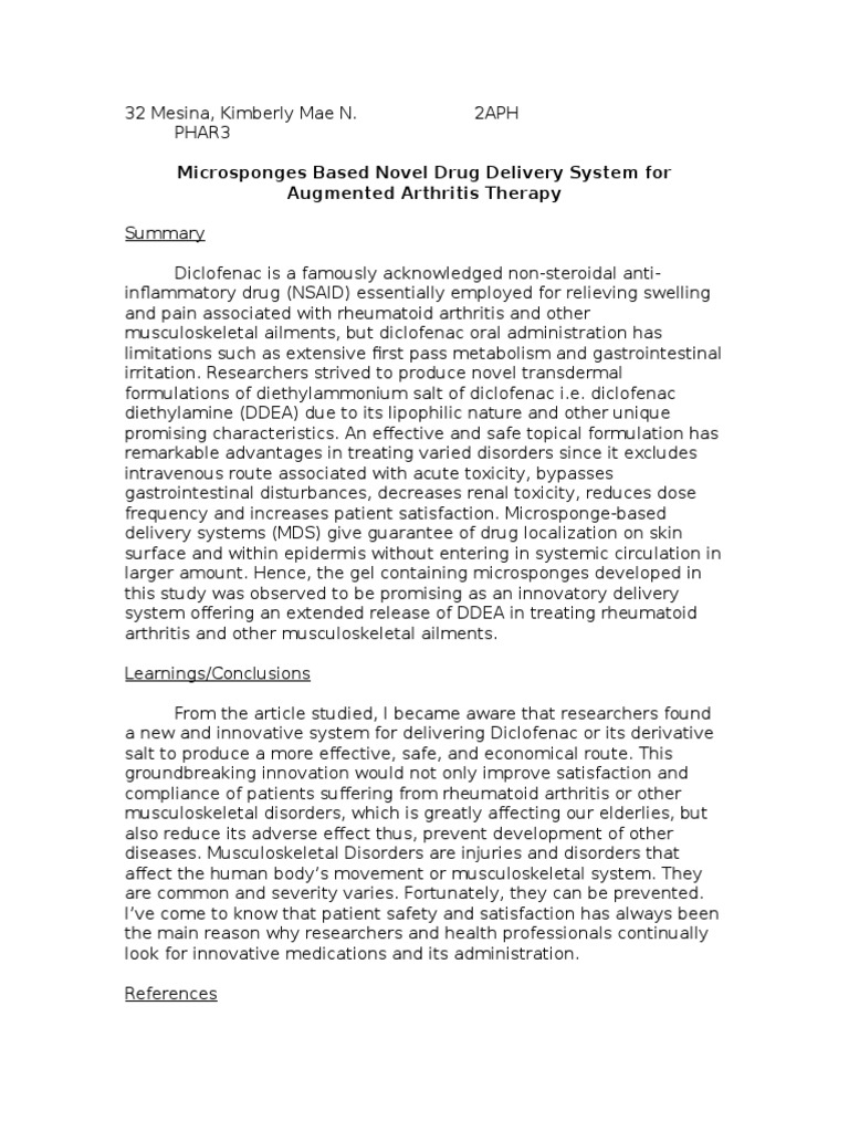 Microsponges Based Novel Drug Delivery System For Augmented Arthritis ...