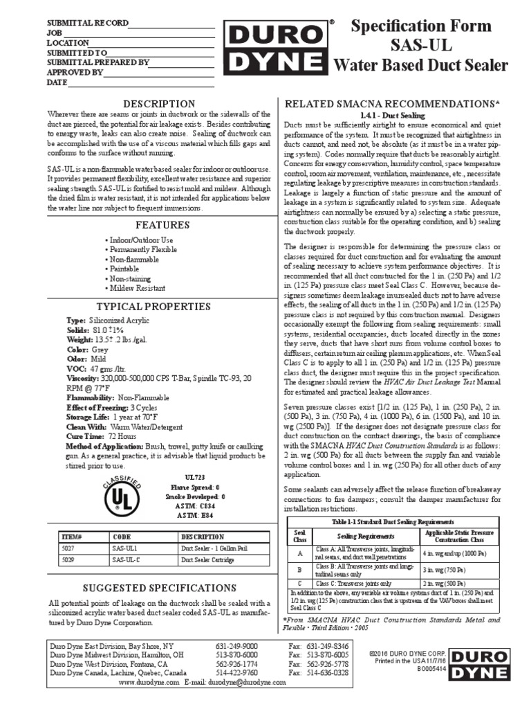 Description Related Smacna Recommendations : UL723 Flame Spread: 0 ...
