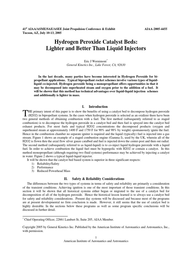 AIAA-2005-4455 Hydrogen Peroxide Catalyst Beds Are Ligher Than Liquid ...